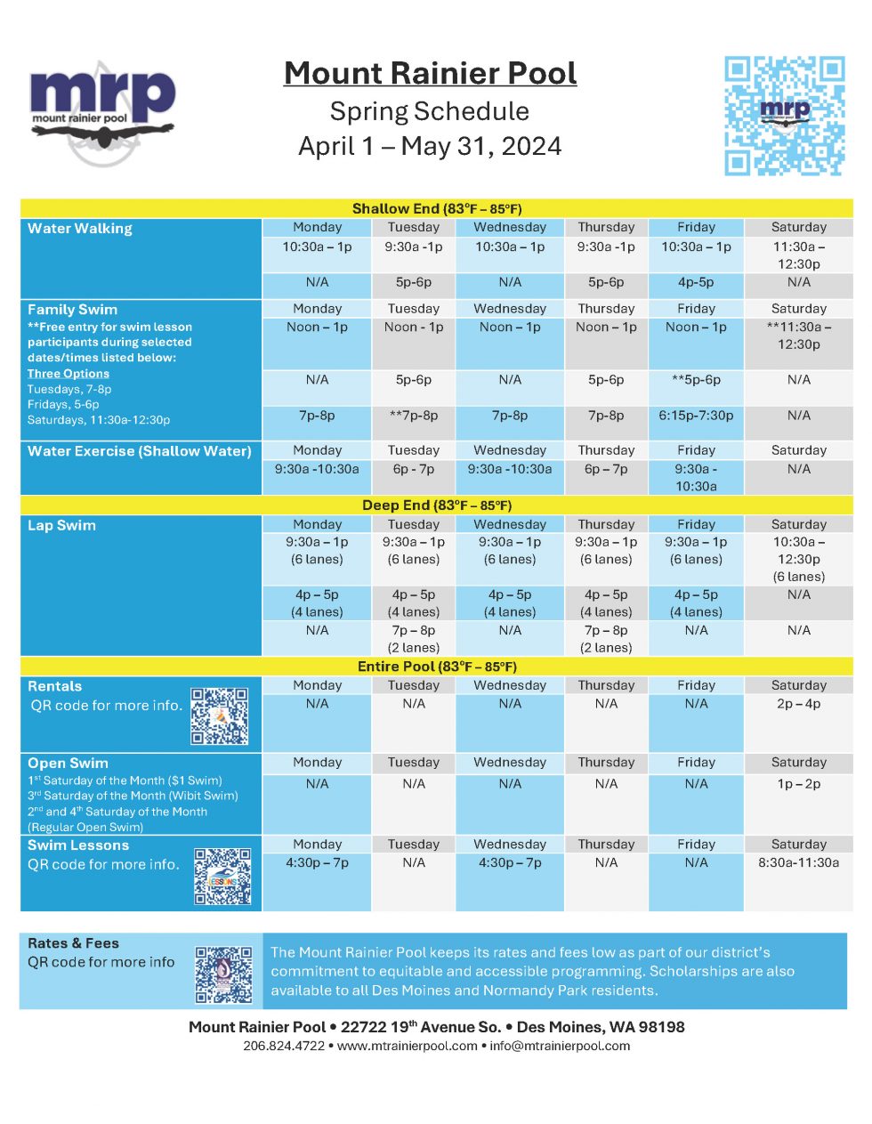 Schedule - Mt. Rainier Pool