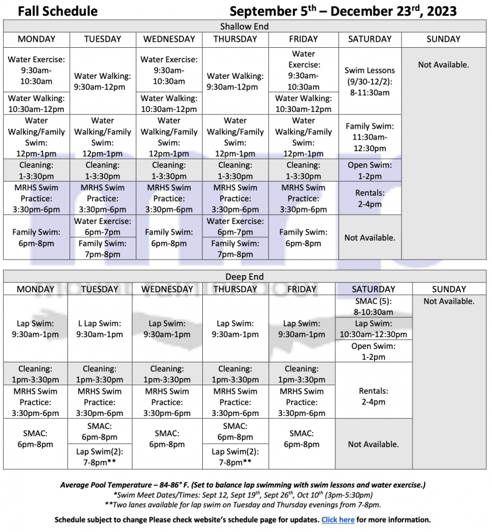 Fall Schedule Change - Effective September 5th - Mt. Rainier Pool