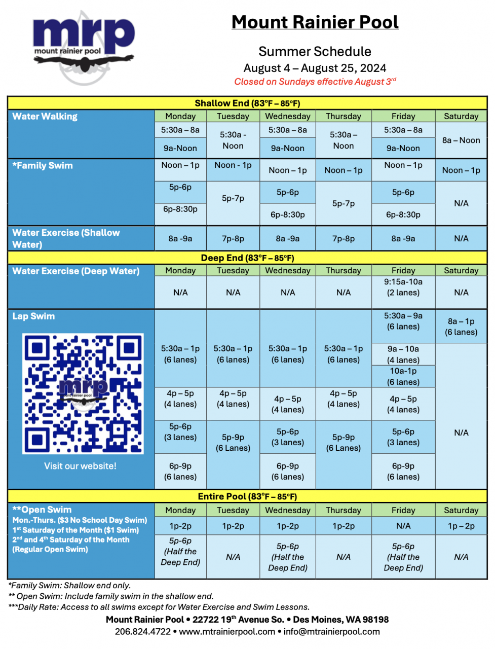 Schedule - Mt. Rainier Pool