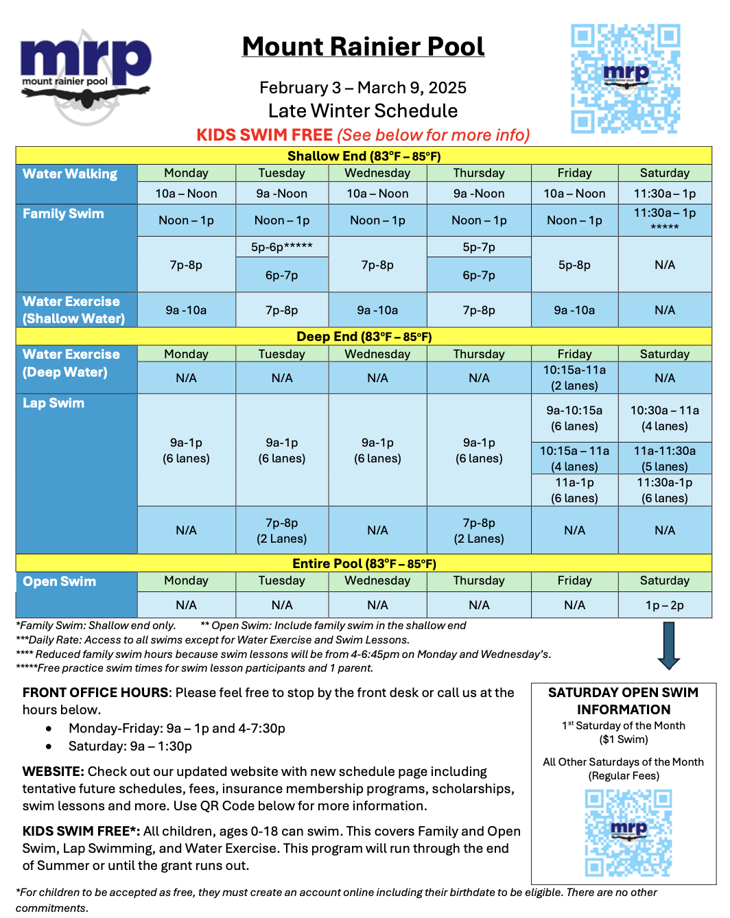 Schedule - Mt. Rainier Pool