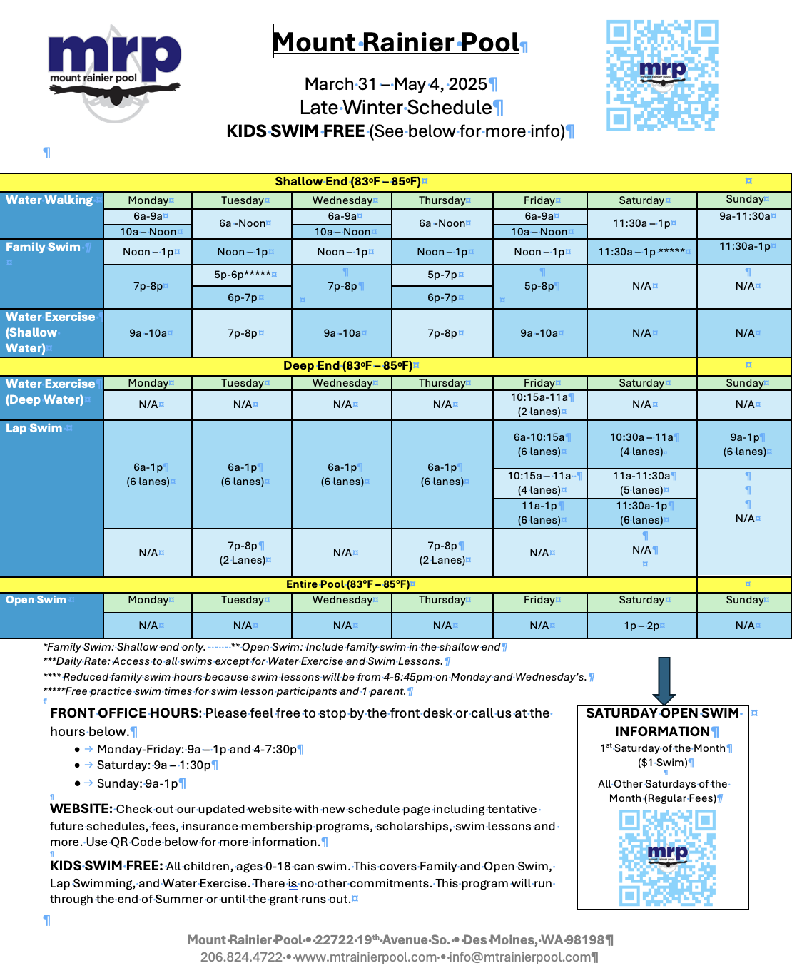 Schedule - Mt. Rainier Pool