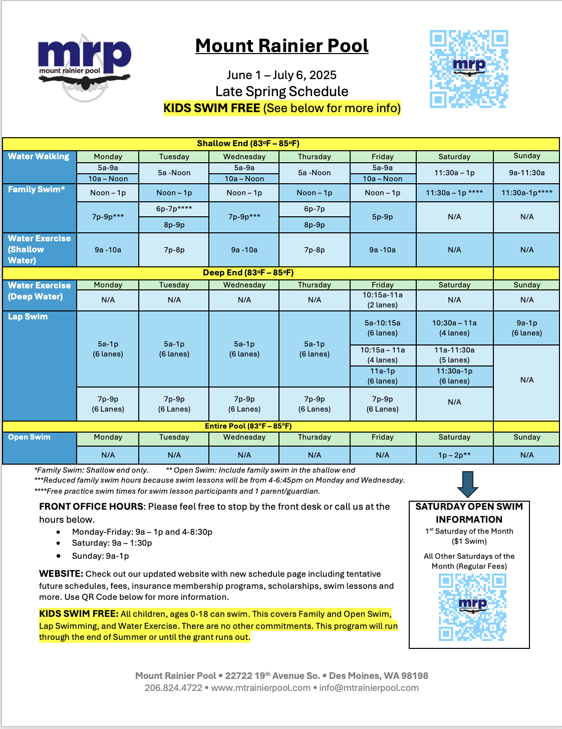 Schedule - Mt. Rainier Pool