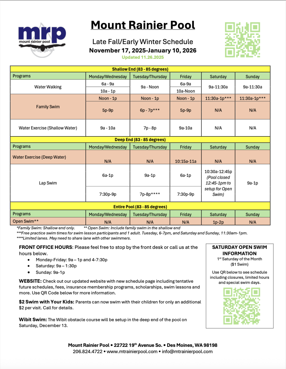 Schedule - Mt. Rainier Pool